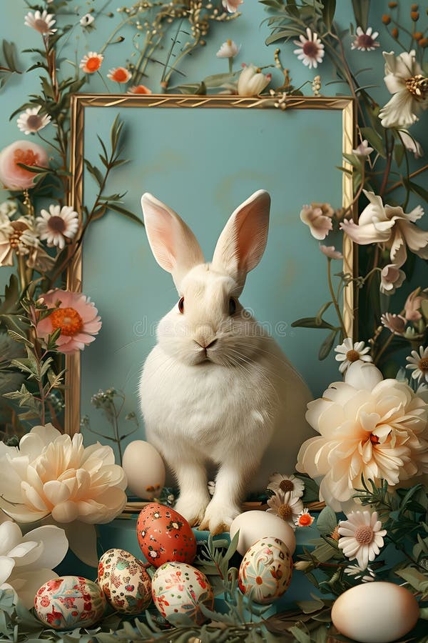 A White Rabbit among Flowers and Easter Eggs in Nature Stock Image ...
