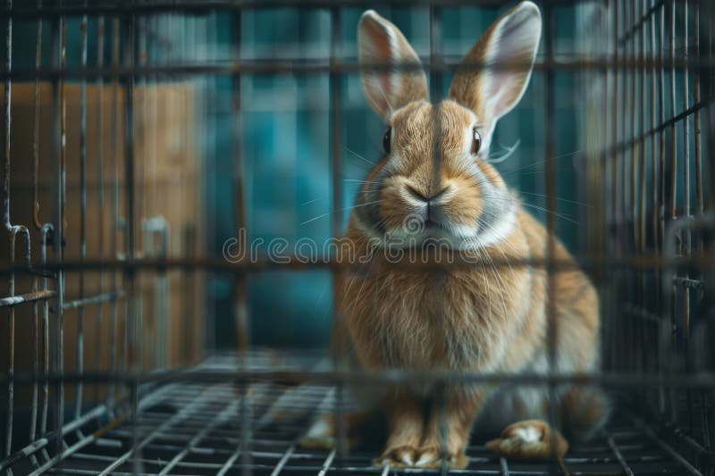 Domestic Rabbit Relaxing in a Cage Under Natural Light during the Day ...