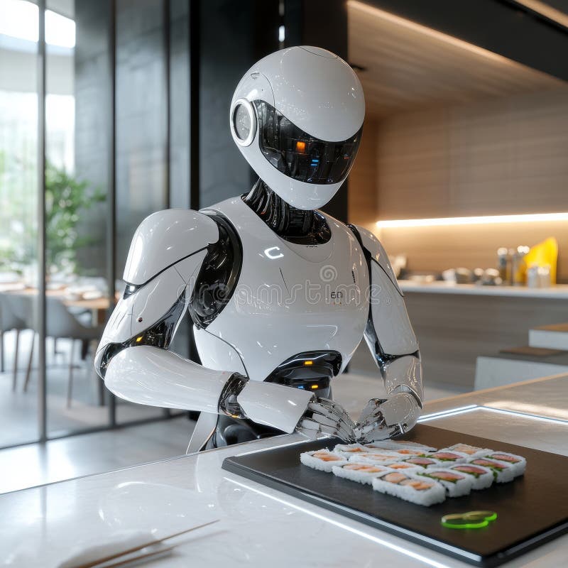 Domestic Robot Chef Preparing Sushi in Modern Kitchen. Service ...