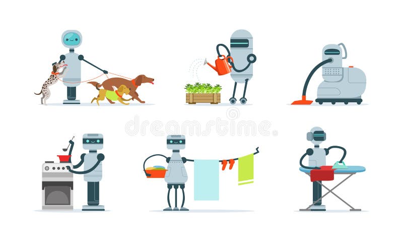 Domestic Robots Set, Artificial Intelligence Android Assistant Helping ...