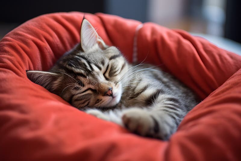 Domestic Tabby Cat Sleeping in Cozy Red Bed Stock Illustration ...