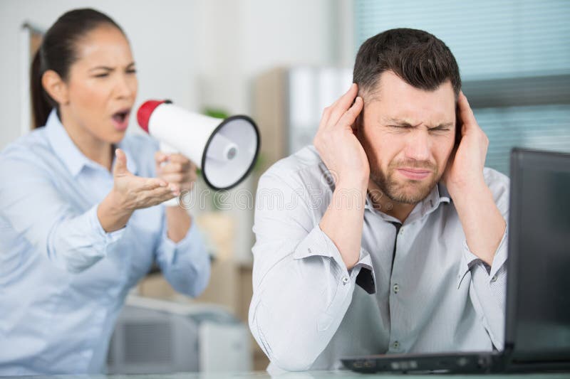 Domineering Female Boss Shouting at Male Office Worker Stock Photo ...