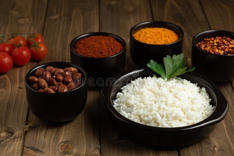Dominican Food with White Rice and Varius Spices Stock Photo - Image of ...