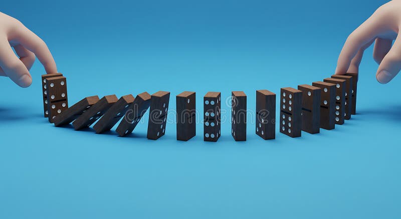 Domino Effect Starting with Hand Pushing Game Pieces Stock Illustration ...
