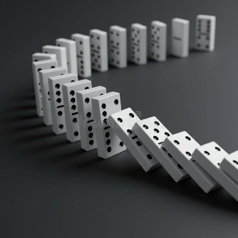 Dominoes Arranged in a Curved Line are Falling in Sequence on a Dark ...