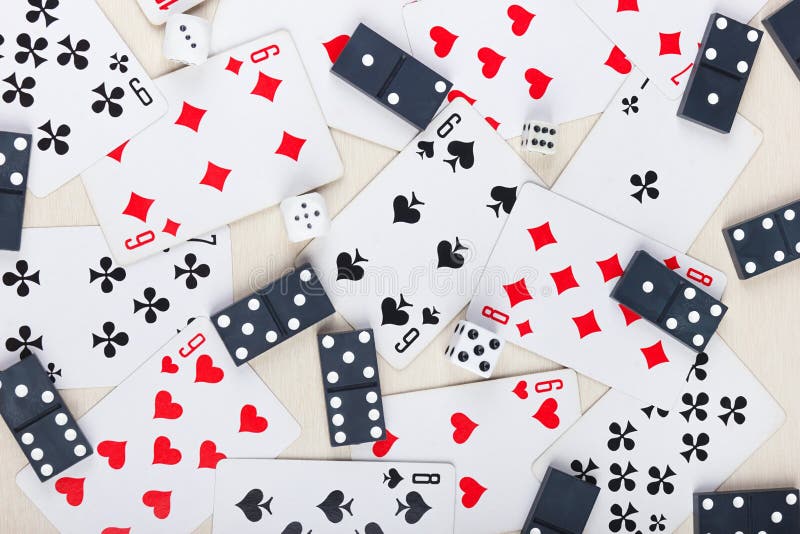 Dominoes, Playing Cards and Dice for Board Games on Table. View from ...