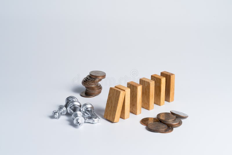 Dominoes with Unstable Coin Stack on White Background, Financial Crisis ...