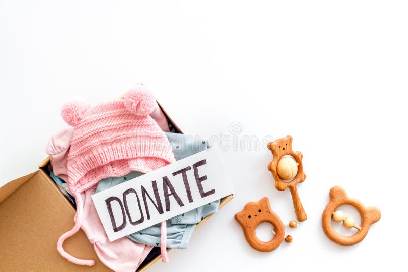 Donate Text. Box with Clothes for Kids on White Background Top-down ...