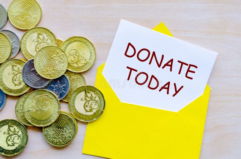 Donate Today Text on White Paper Covered with Yellow Envelope. Stock ...