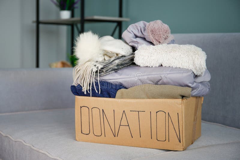 Donation Box with Clothes on the Sofa in the Living Room Stock Image ...