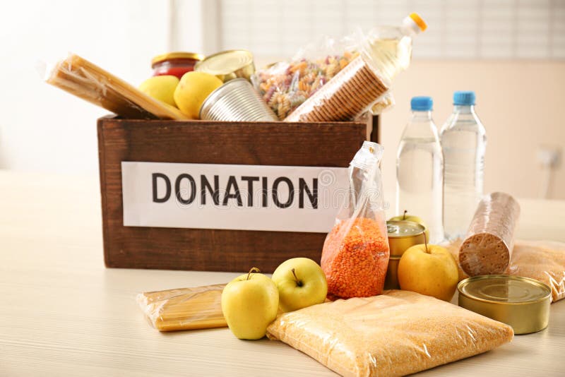 Donation Box and Different Products Stock Photo - Image of cookies ...