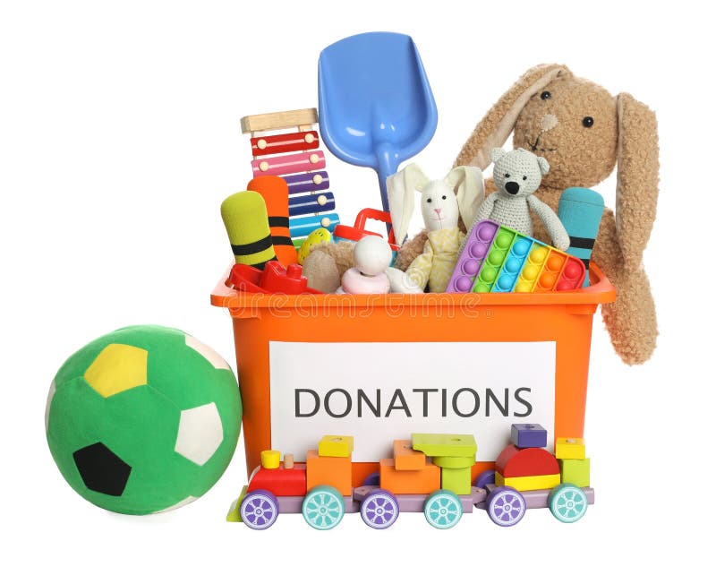 Donation Box and Different Toys Isolated on White Stock Image - Image ...