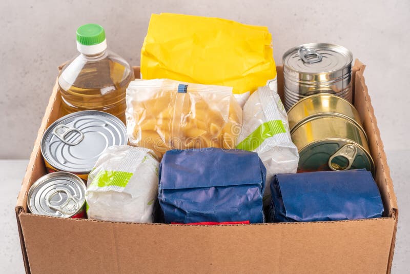 Donation Box with Food. Humanitarian Aid. Stock Photo - Image of food ...