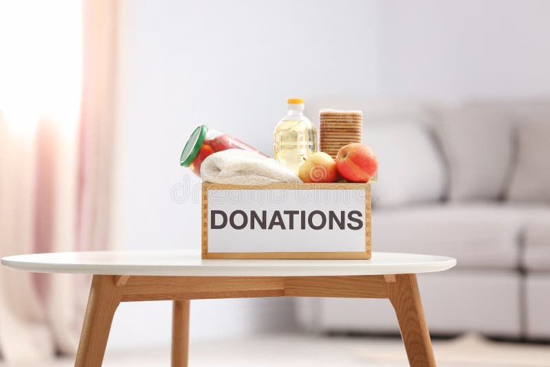 Donation Box with Food Products on Table Indoors Stock Photo - Image of ...