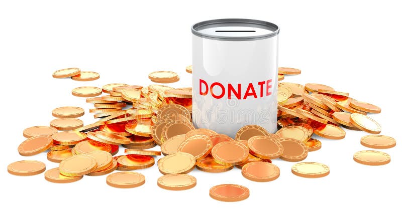 Donation Can with Pile of Golden Coins, 3D Rendering Stock Illustration ...