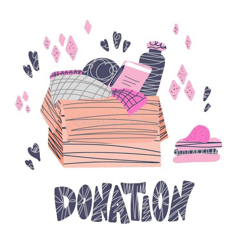 Donation Concept. Box with Stuff and Text Stock Vector - Illustration ...