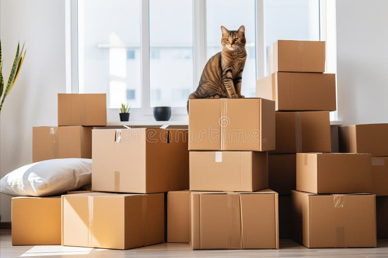 Donation Concept Cat Sitting in Stack of Cardboard Boxes Inside an ...