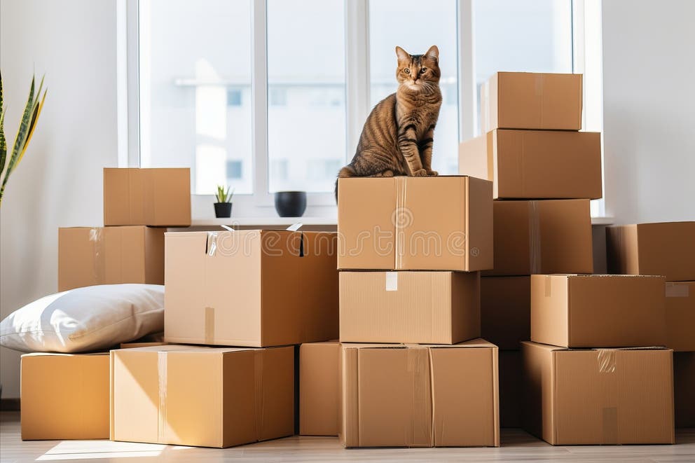 Donation Concept Cat Sitting in Stack of Cardboard Boxes Inside an ...