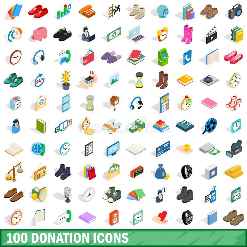 100 Donation Icons Set, Isometric 3d Style Stock Vector - Illustration ...