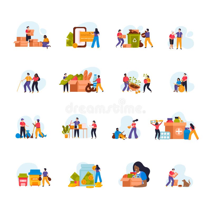 Donation and Volunteer Work Flat Icon Set Stock Illustration ...