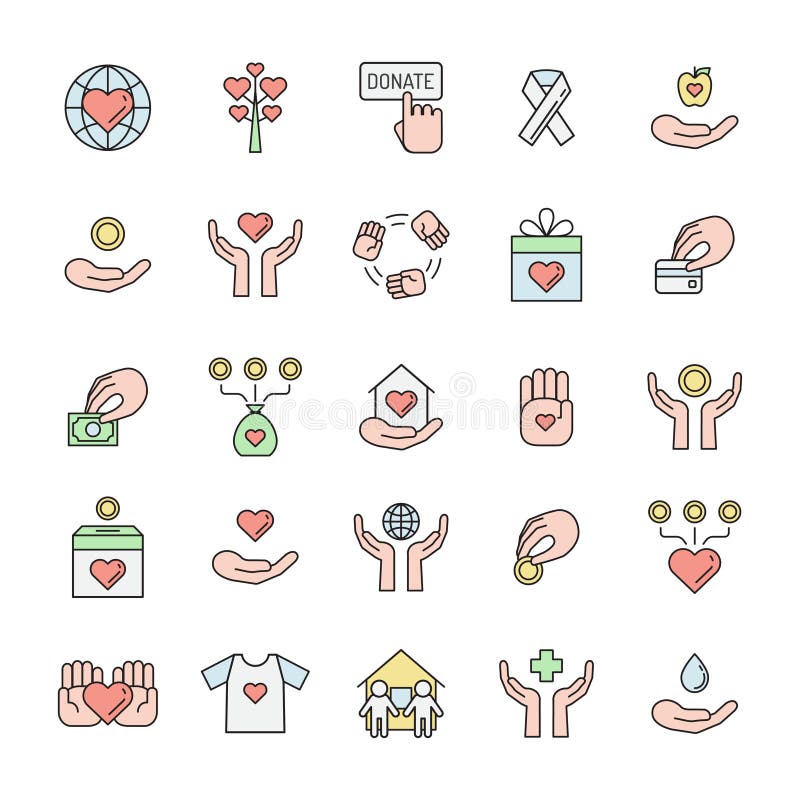 Donations and Charity Multicolored Simple Outline Icon Set. Stock ...