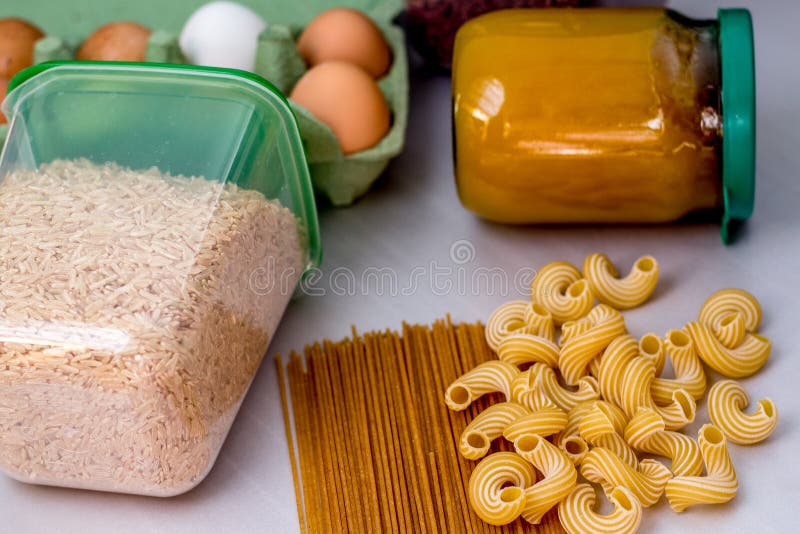 Donations Food with Eggs, Pasta and Rice. Donate Concept on Table ...