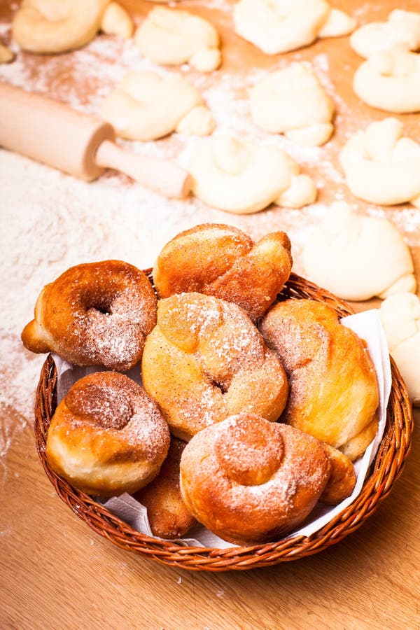 Donats in basket stock image. Image of fried, balls, powdered - 36413915