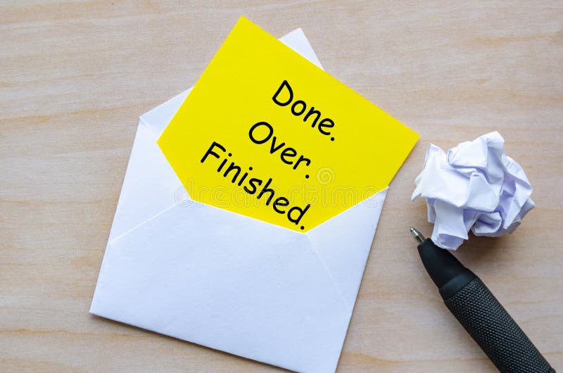 Done, Over and Finished Text on Yellow Paper in an Envelope ...
