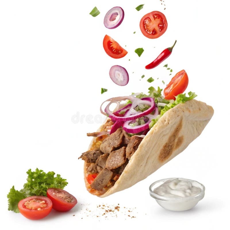 Doner Kebab with Ingredients Floating in the Air on White Background ...