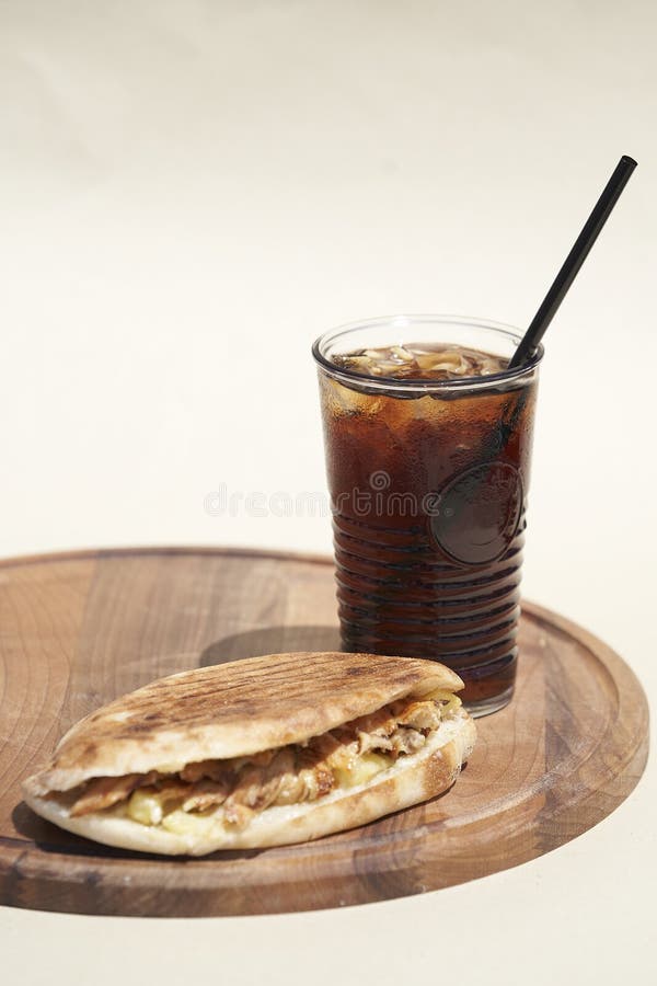 Doner Kebab and Soda Drink on Chopping Board Stock Photo - Image of ...