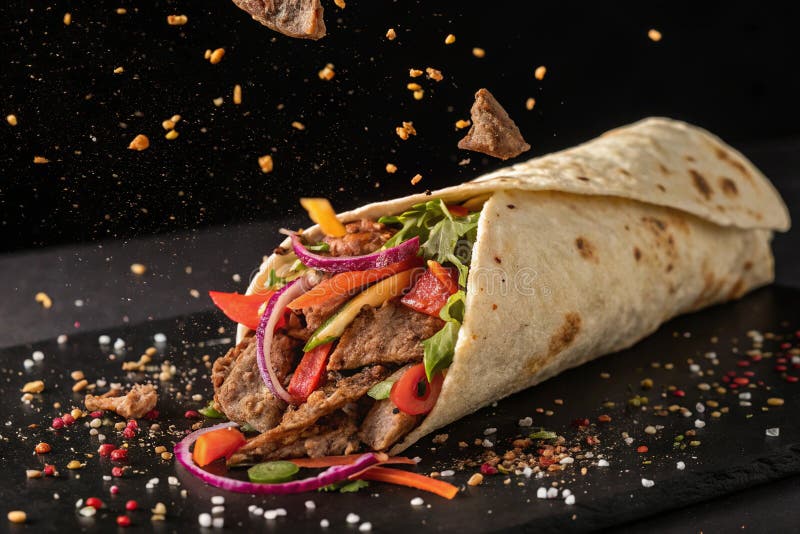 Doner Wrap, Meat and Vegatebles Floating on Black Background, HDR Image ...