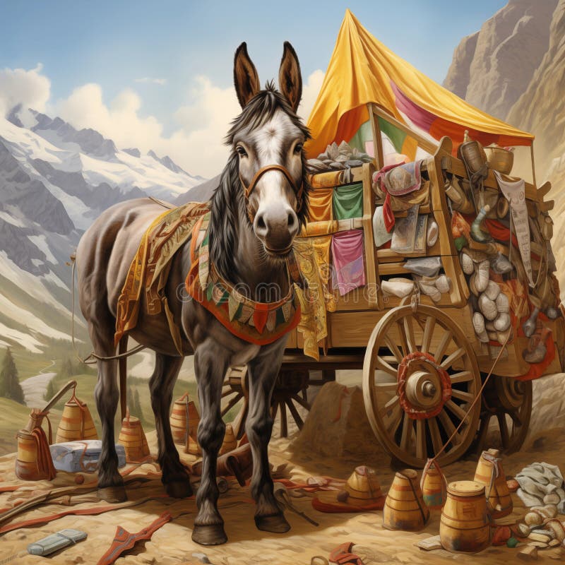 Donkey with Cargo and Mountains Behind Stock Illustration ...