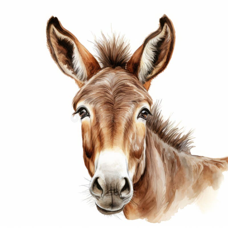 Detailed Donkey Close-up Flat Drawing Front View on White Background ...