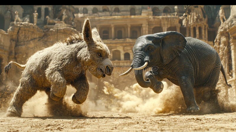 Donkey and Elephant Engage in Playful Chase in Dusty Arena Stock Image ...