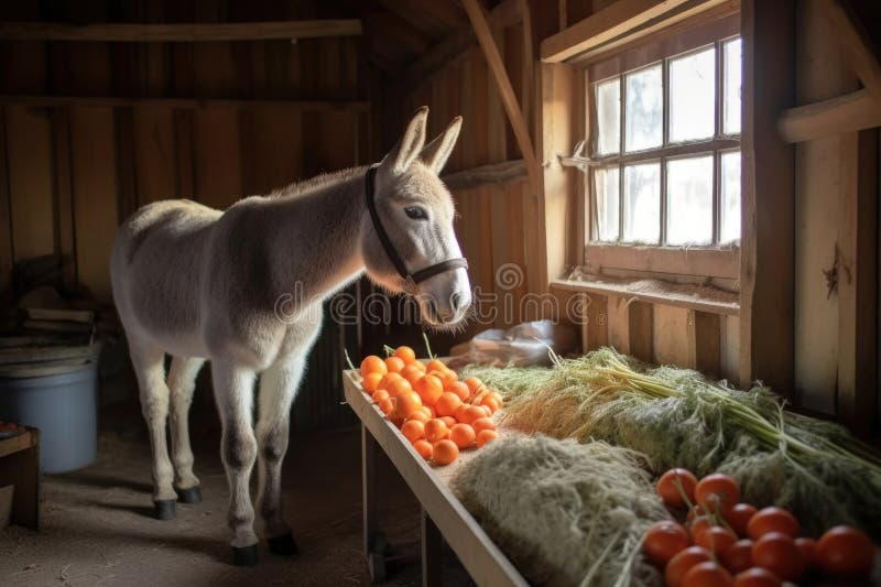 Donkey Enjoying Frosty Carrots in a Barn Stock Illustration ...