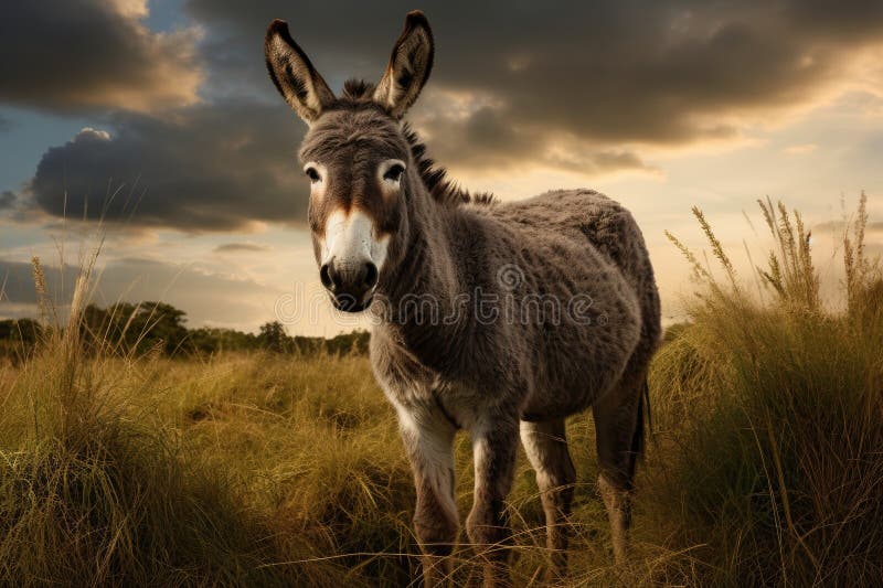Donkey in the Field with Dramatic Sky and Clouds. Toned, Grey Donkey in ...