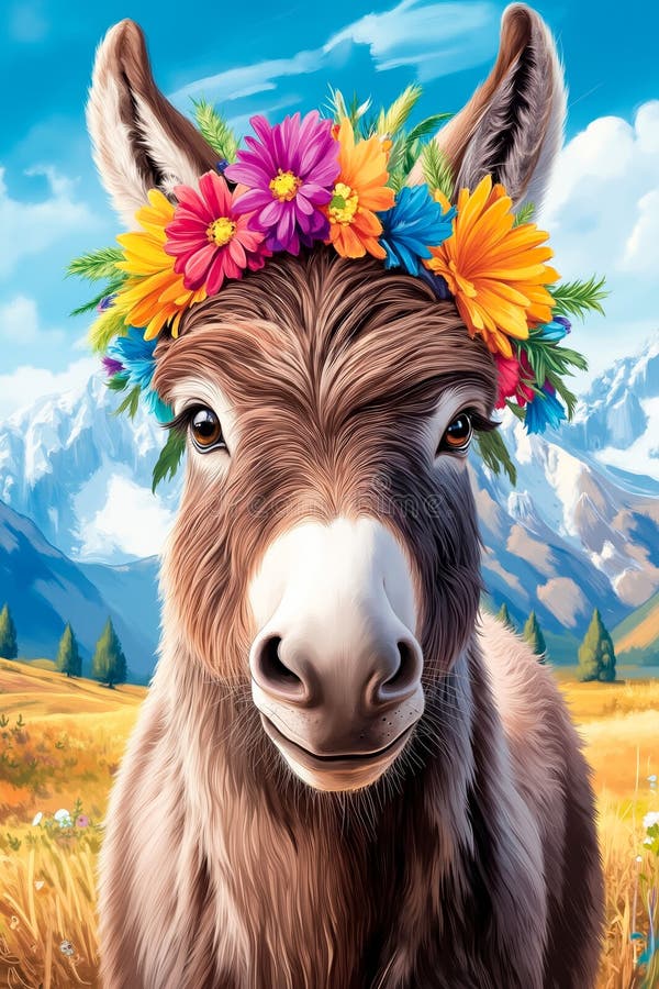 A Donkey with a Flower Crown on Its Head in a Field Stock Image - Image ...
