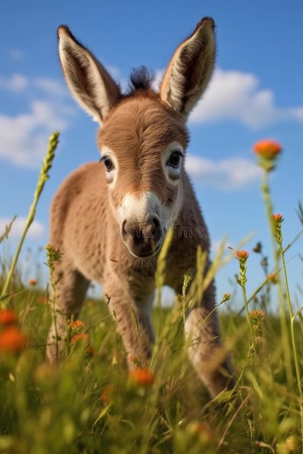 Donkey Foal Exploring and Playing in a Grassy Field Stock Illustration ...