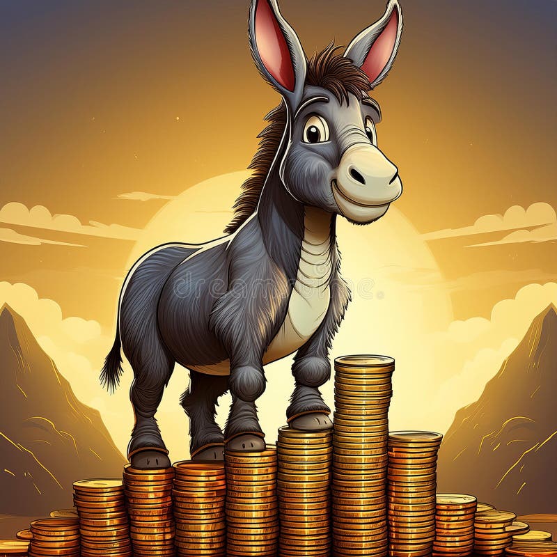 A Cheerful Donkey Stands Atop a Stack of Gold Coins Against a Sunset ...
