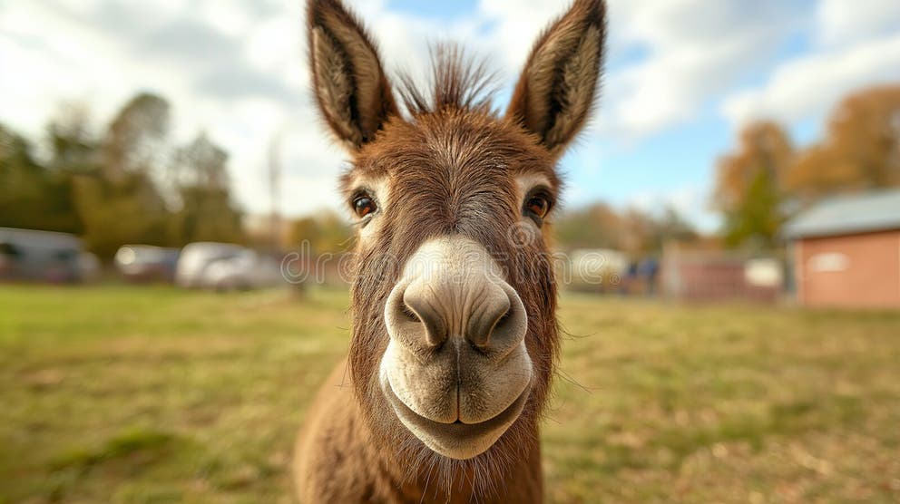 The Donkey Looks into the Camera Lens, Close-up of the Funny Muzzle ...