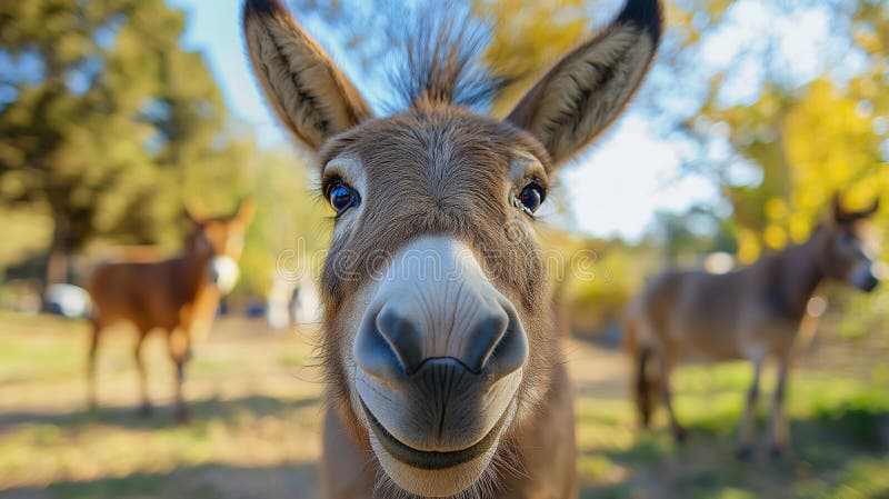 The Donkey Looks into the Camera Lens, Close-up of the Funny Muzzle ...