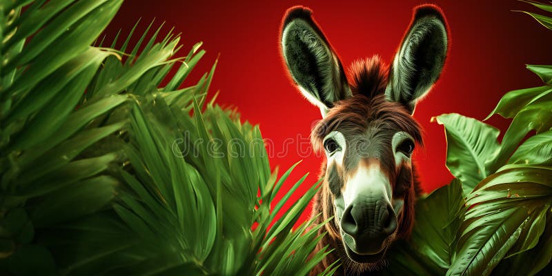 Donkey with Palm Leaves on a Red Background. 3d Rendering Stock ...