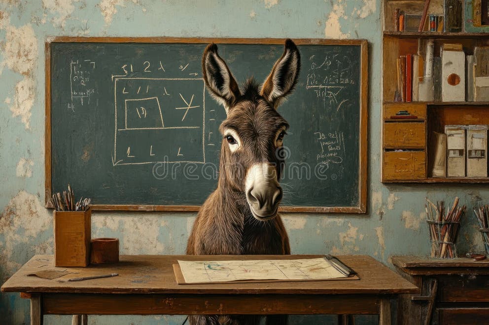 Donkey Solving Problems at the Blackboard in a Vintage Classroom Stock ...