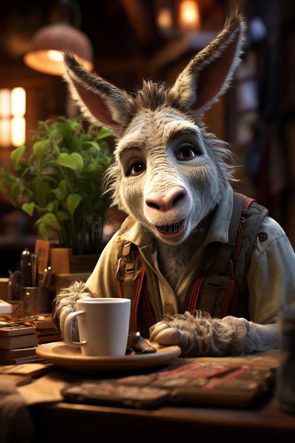 Donkey is Sitting at Table with Cup of Coffee. Generative AI Stock ...