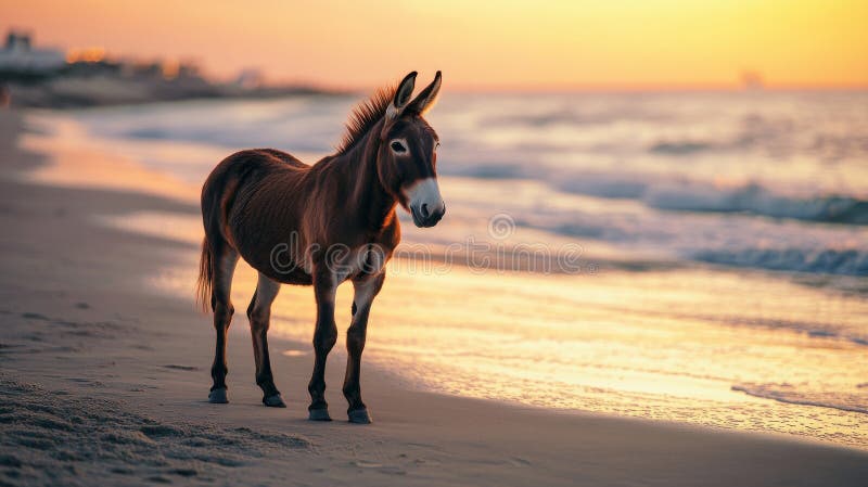 Donkey Standing on a Beach at Sunset Stock Photo - Image of ocean ...