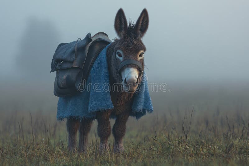 A Donkey is Standing in a Field with a Blue Blanket on Its Back Stock ...