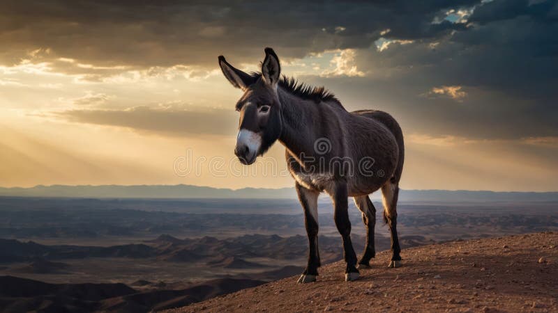 A Donkey Stands on a Rocky Landscape Under a Dramatic Sky at Sunset ...
