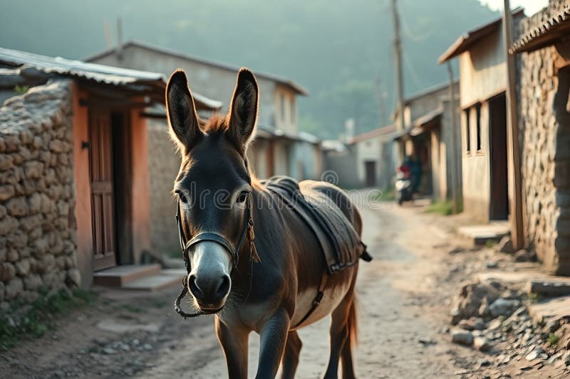 A Donkey in the Street in Old Remote Village Stock Illustration ...