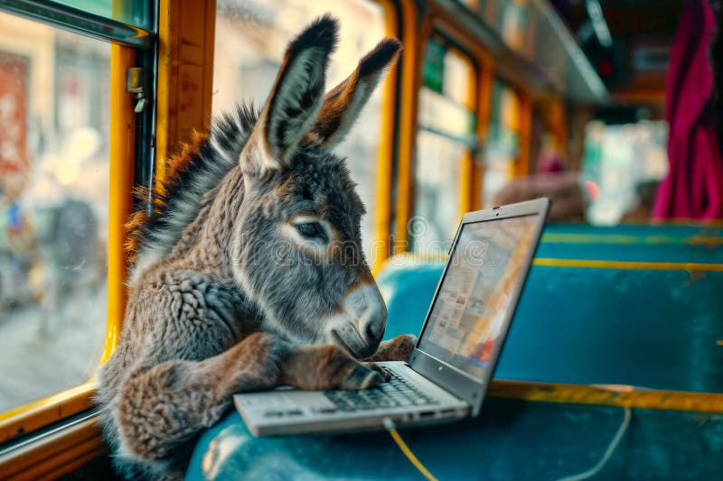 Donkey Using Laptop on Bus stock illustration. Illustration of public ...