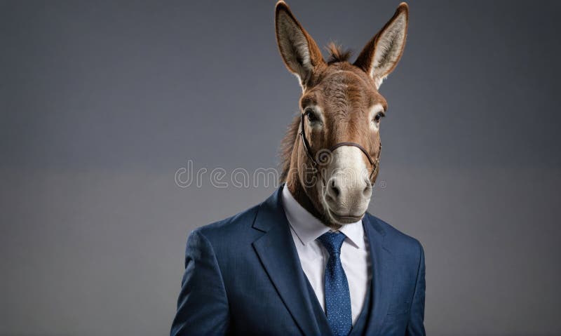 A Donkey Wearing a Blue Suit and Tie Stands Against a Gray Background ...